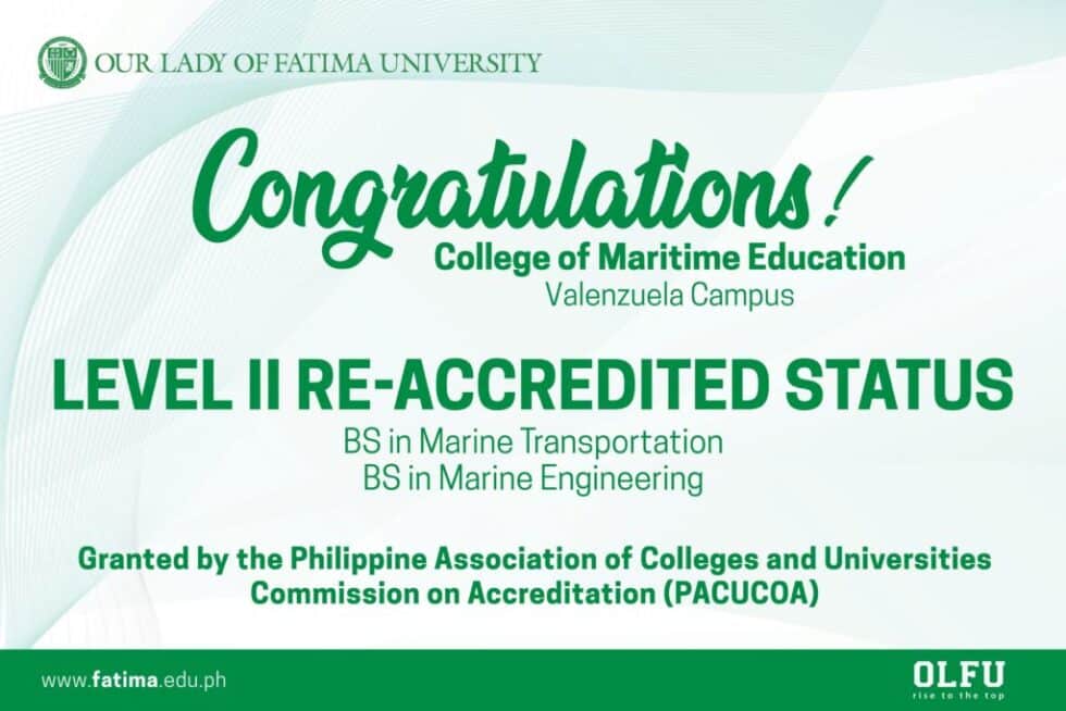 Maritime Programs granted Level II Accreditation by PACUCOA - Our Lady ...